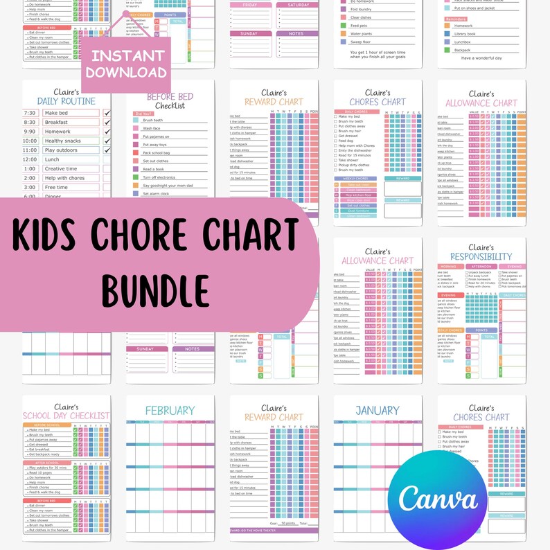 Kids Chore Chart Bundle (22 Pages) | Editable Canva Responsibility and ...