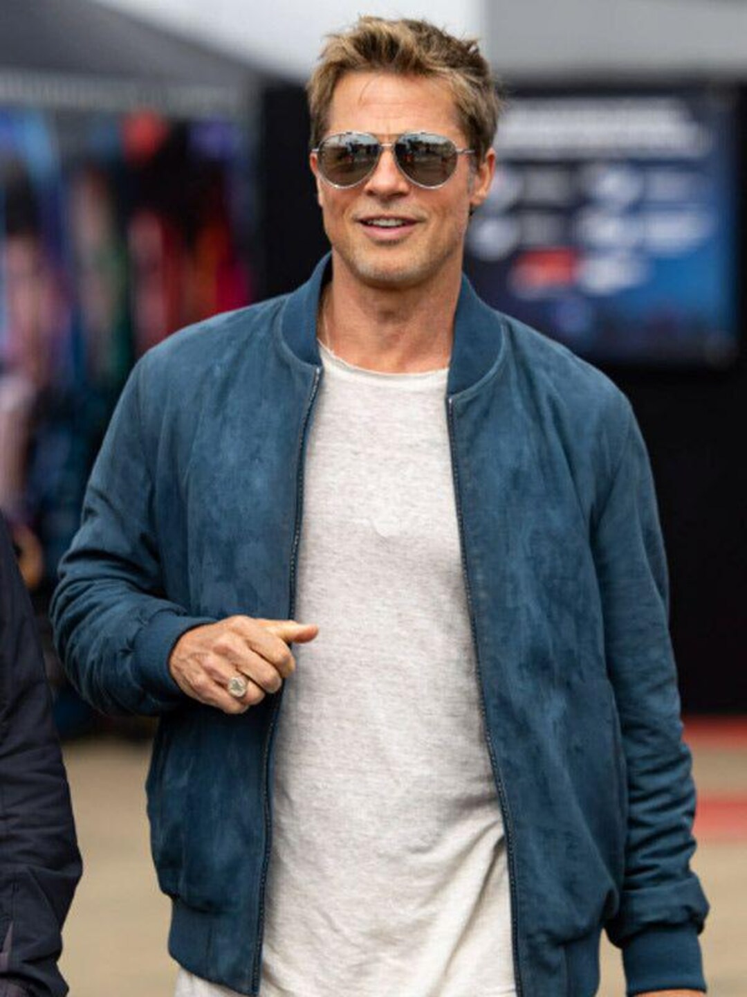 F1 2025 Brad Pitt Blue Suede Bomber Jacket With Ribbed Trim and Zip ...
