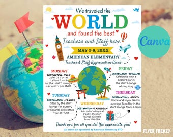 Around the World Teacher Appreciation Week Itinerary Editable ...