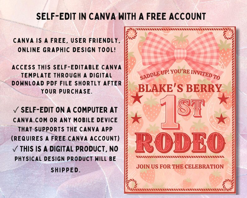Berry First Rodeo Birthday Invitation – Editable Cowgirl 1st Birthday ...