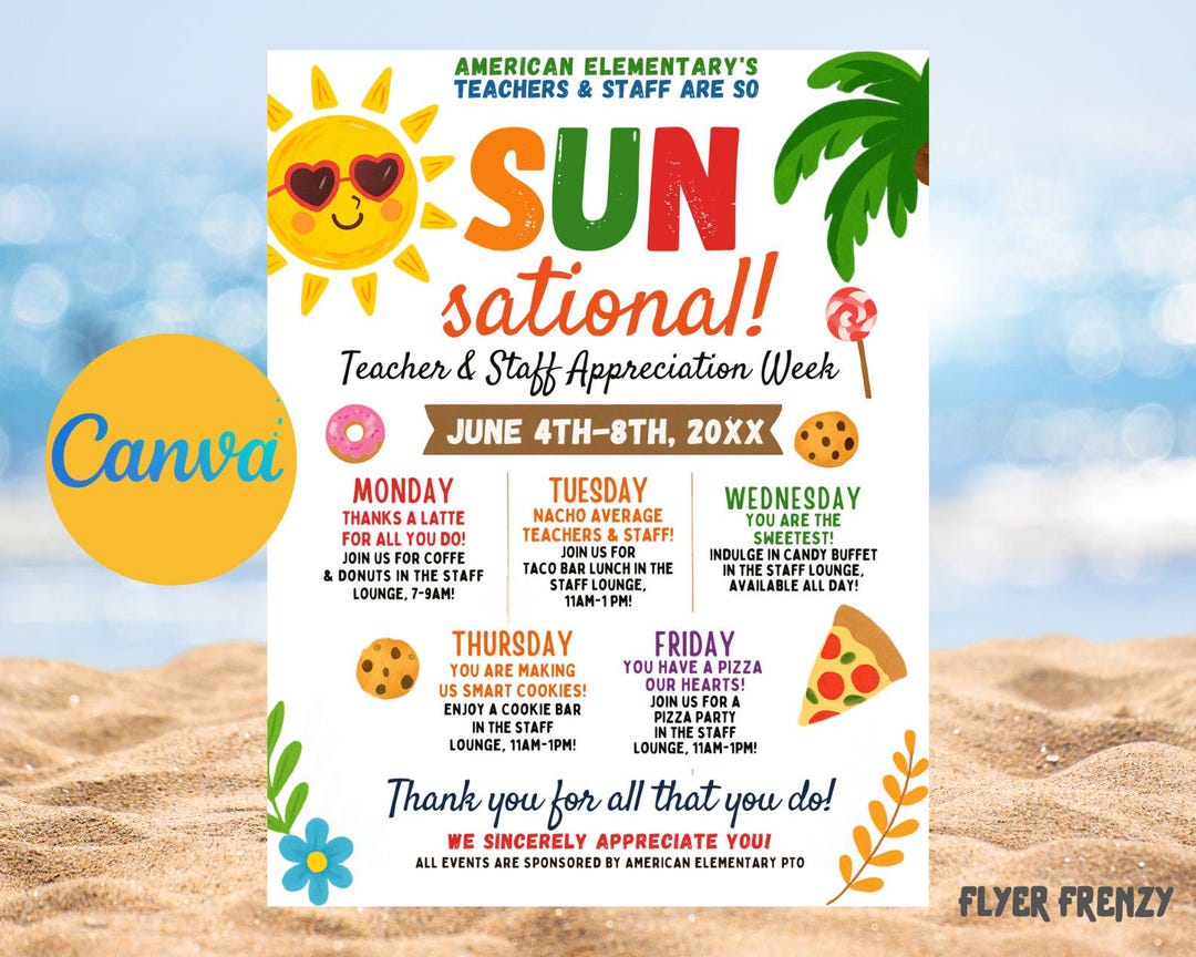 Editable Beach Theme Teacher & Staff Appreciation Sunsational Itinerary ...