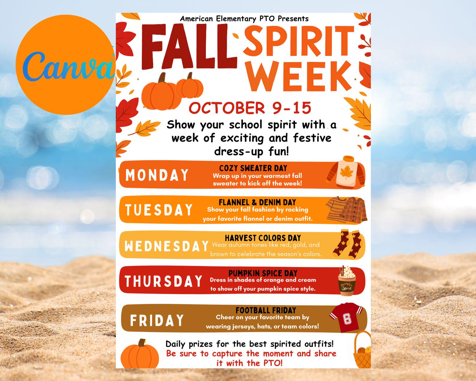 Editable Fall Spirit Week Flyer Template: School Event Schedule ...