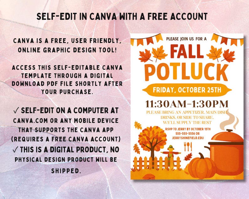 Editable Fall Potluck Flyer Template, Autumn Luncheon Invite Printable ...