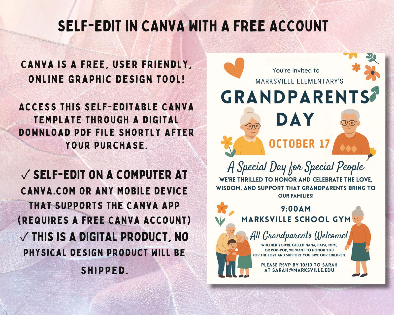 Editable Grandparents Day Flyer Template: Canva School Event Invitation ...
