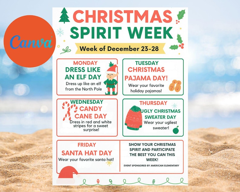 Editable Christmas Spirit Week Itinerary: School Holiday Planner (CANVA ...