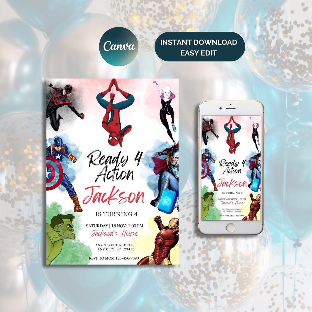 Editable Superheroes Birthday Invitation, Watercolor Superhero ...