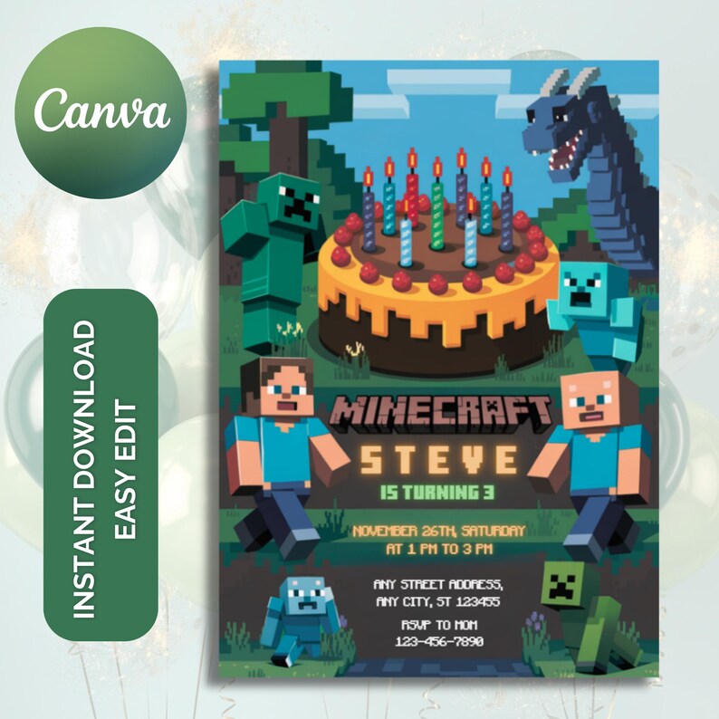 Minecraft Birthday Invitation, Printable & Editable Template, Perfect ...
