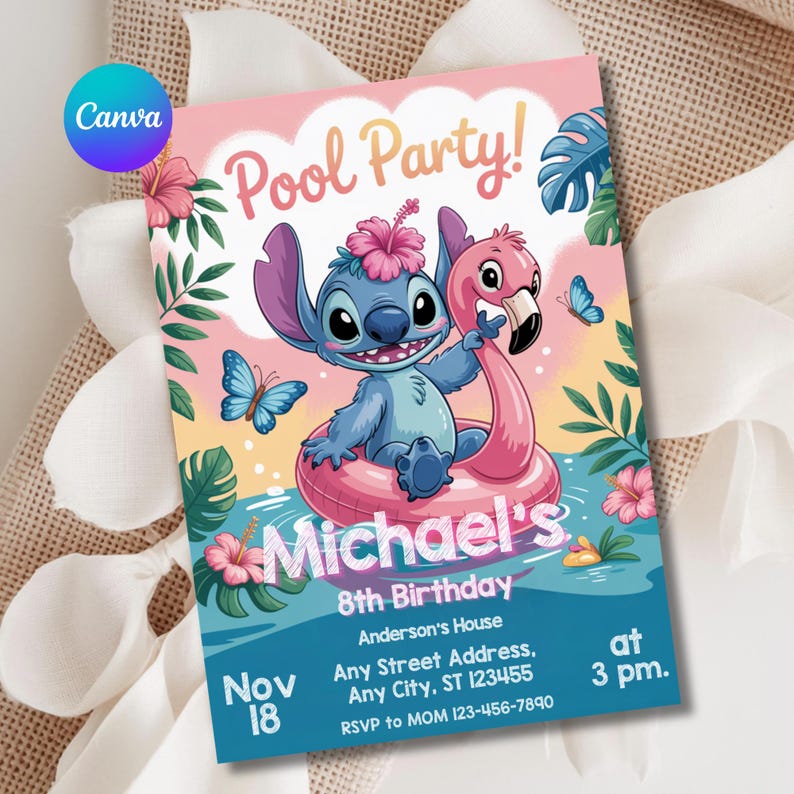 Stitch Pool Party Birthday Invitation: Editable Canva Template (digital ...