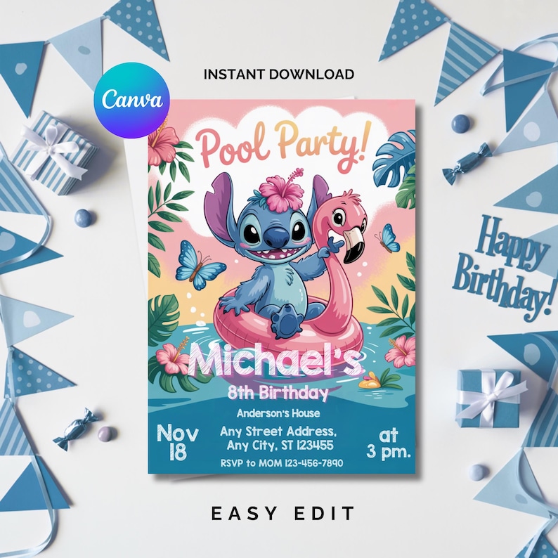Stitch Pool Party Birthday Invitation for Girl, Editable Stitch and ...