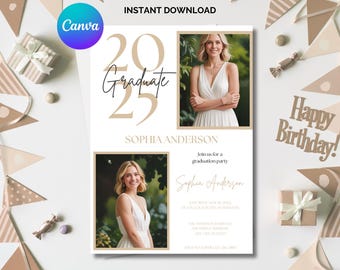 Class of 2025 Graduation Announcement Canva Template, Floral Bow Girl ...