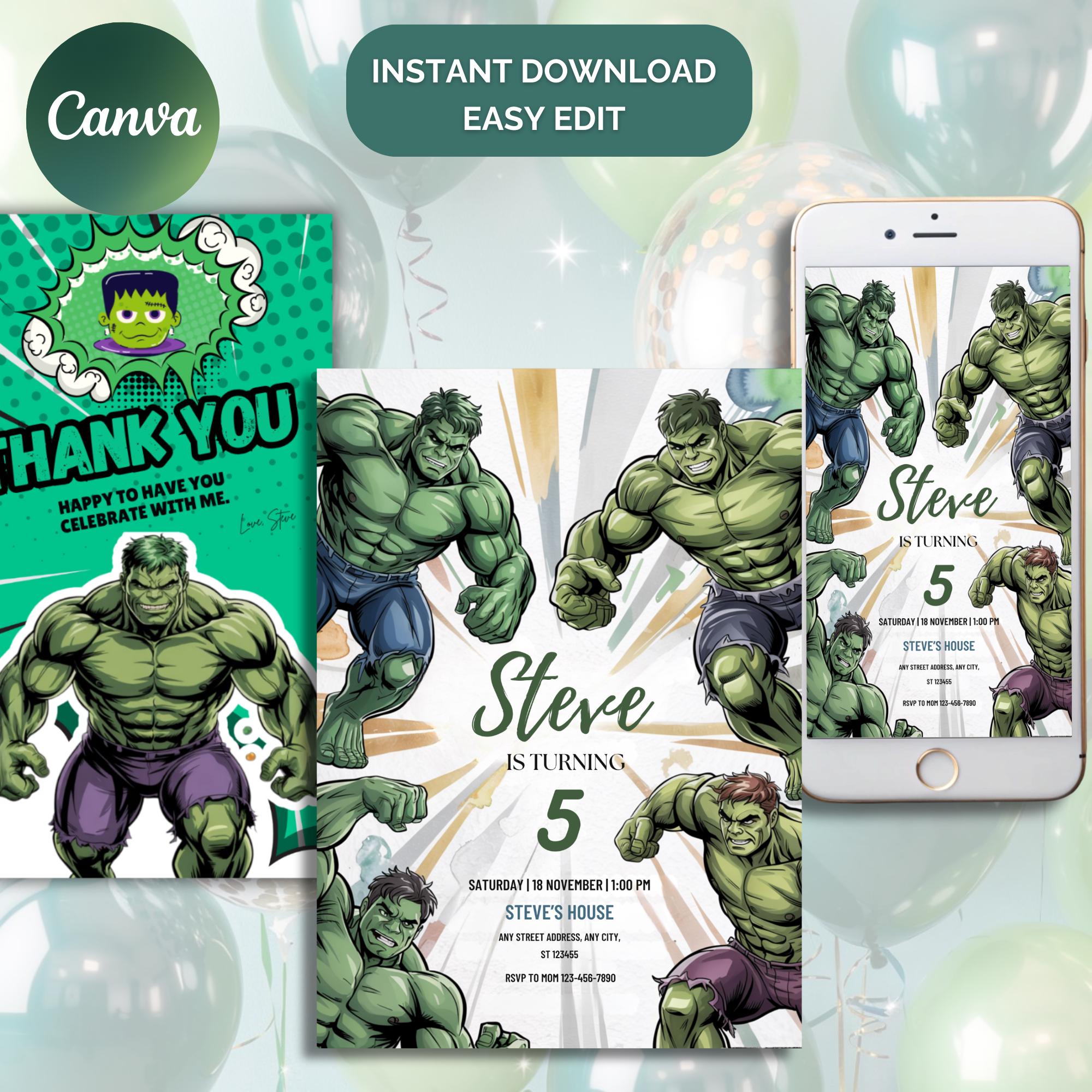 Watercolor Hulk Birthday Invitation: Editable Canva Template (digital ...