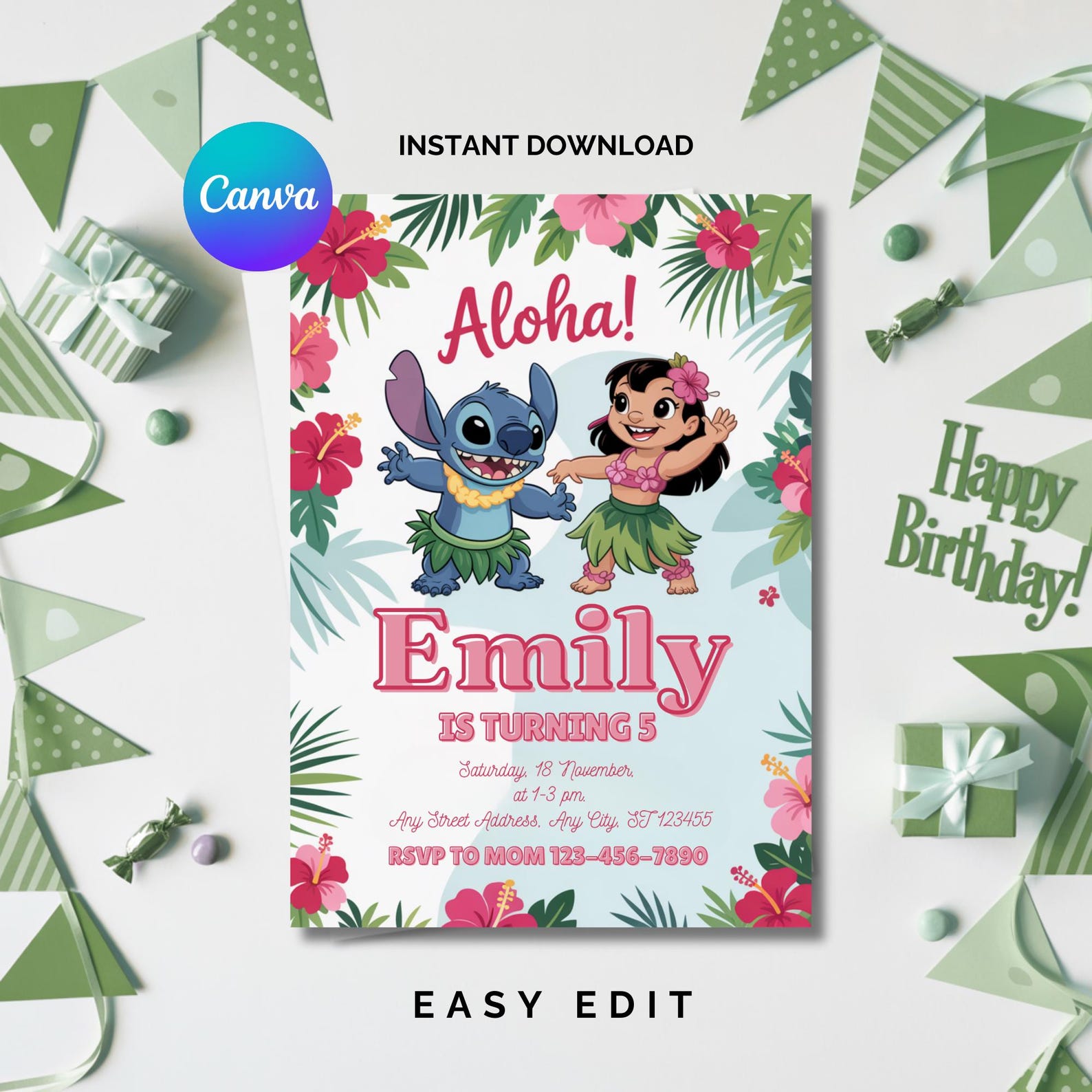 Lilo and Stitch Birthday Invitation: Editable Party Template (digital ...