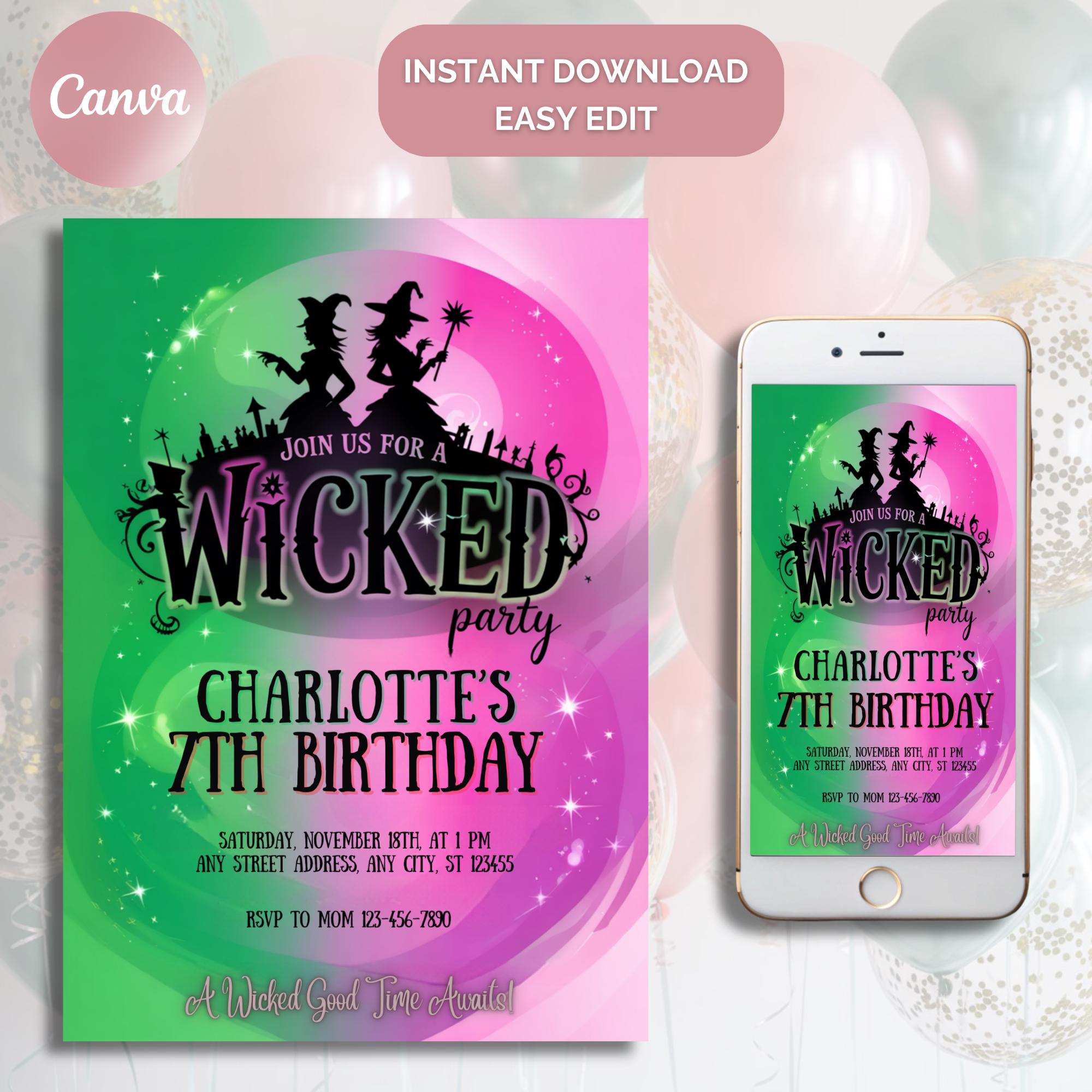 Wicked Birthday Party Invitation: Elphaba & Glinda Theme (canva ...