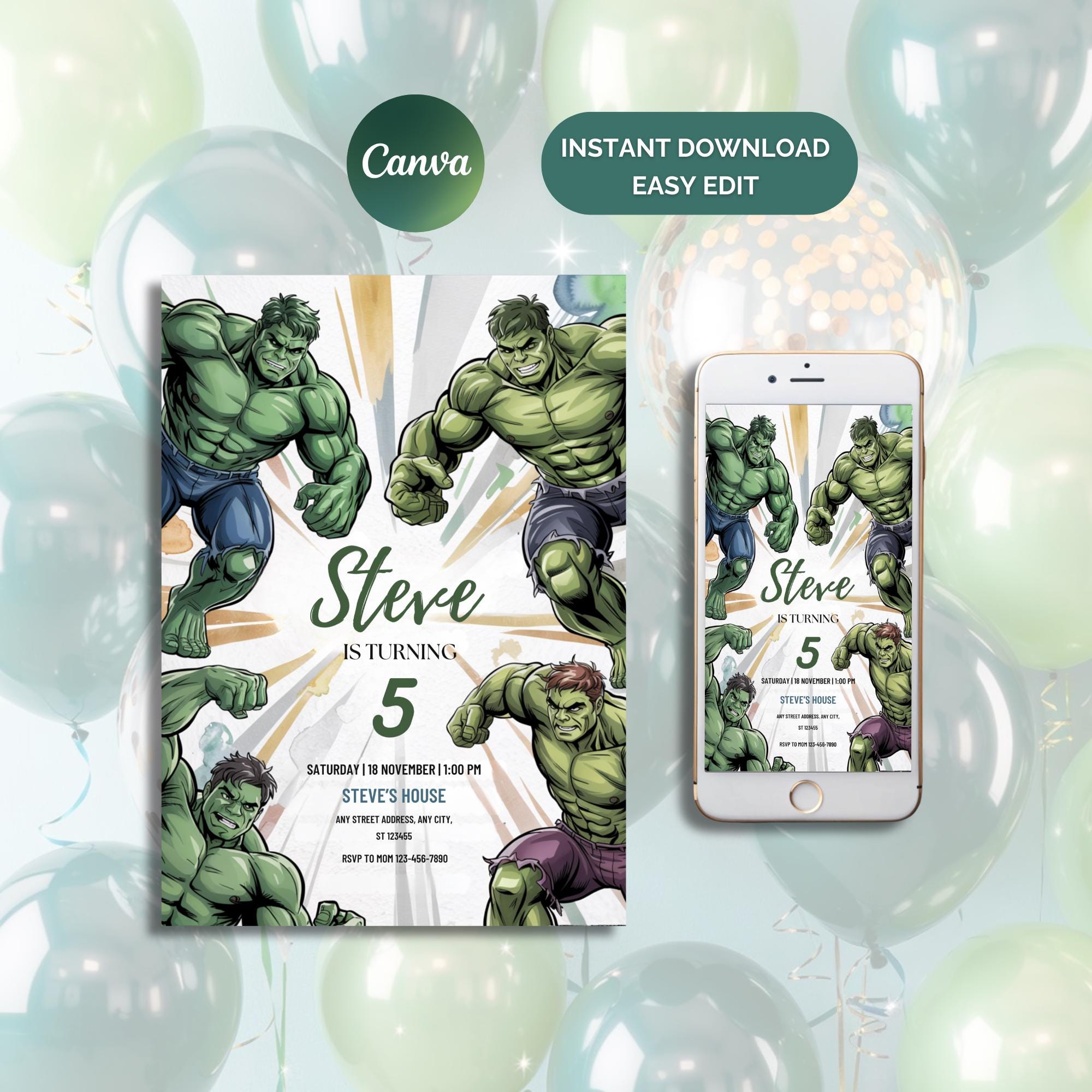 Watercolor Hulk Birthday Invitation: Editable Canva Template (digital ...
