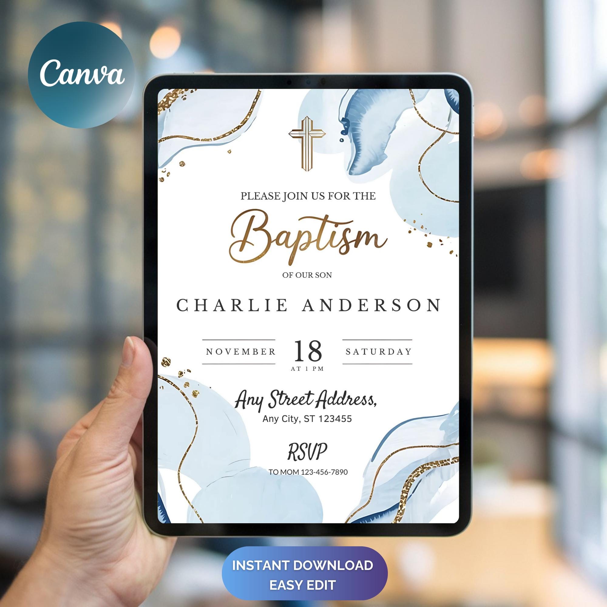 Blue Watercolor Baptism Invitation Template: Gold Accents (digital ...