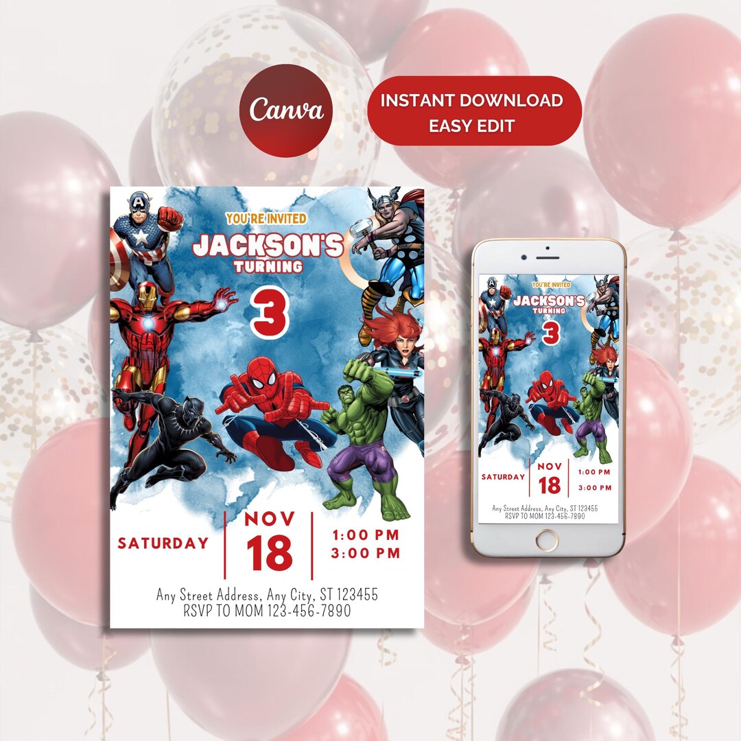 Avengers Birthday Invitation: Spider-man Party, 5x7 Canva Template ...