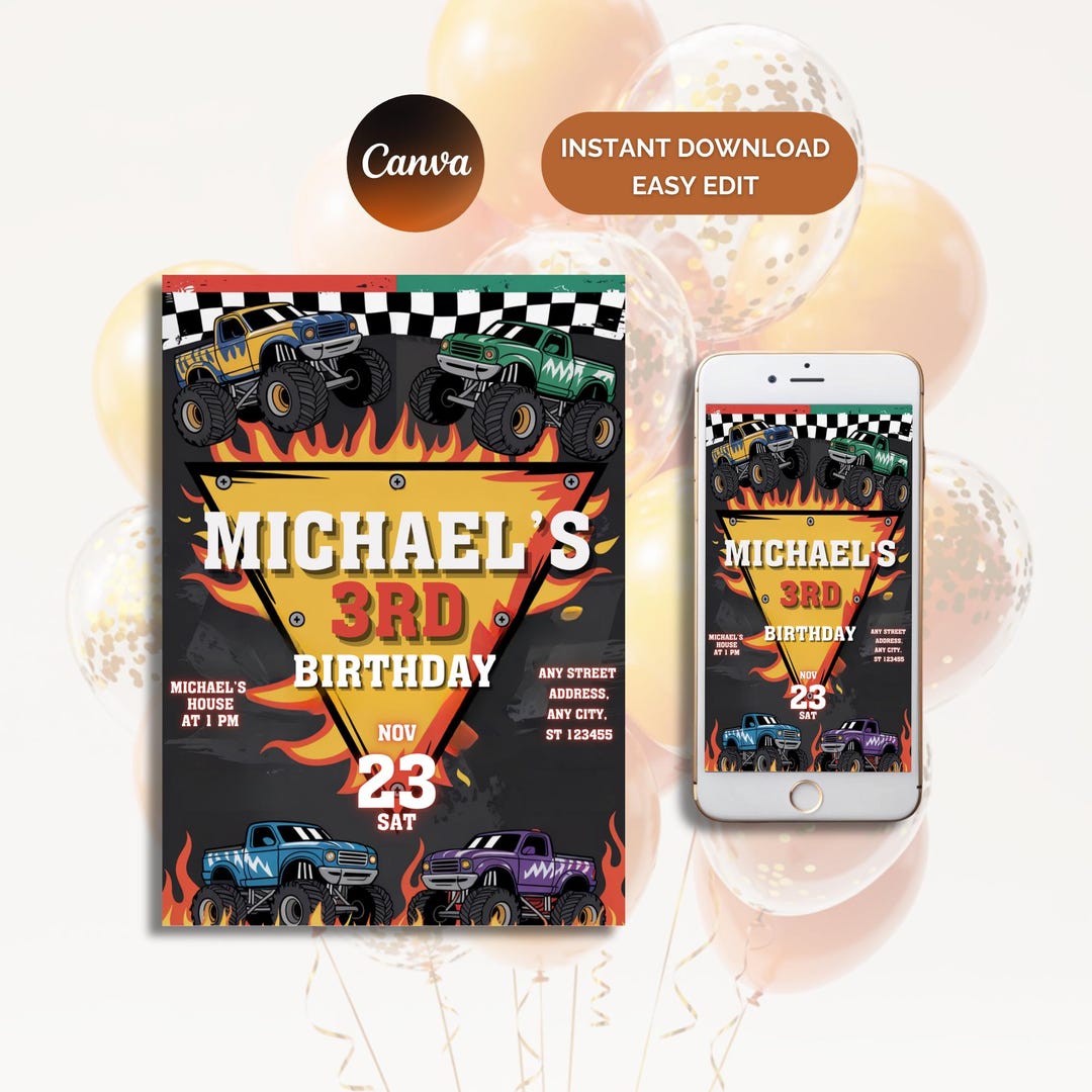 Monster Jam Birthday Invitation, Monster Jam Party, Boom Crash, Monster ...
