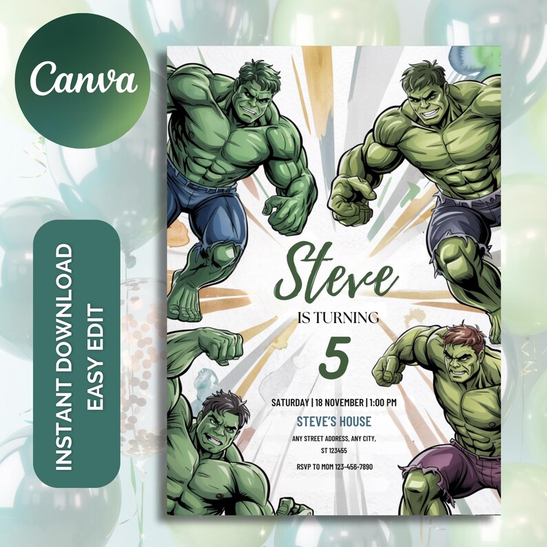 Watercolor Hulk Birthday Invitation: Editable Canva Template (digital ...