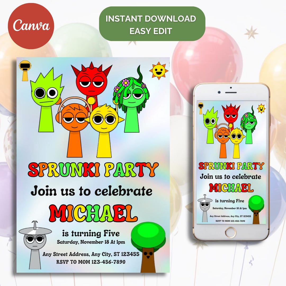 Sprunki Birthday Party Invite, Sprunki Party Invitation Template, Girl ...