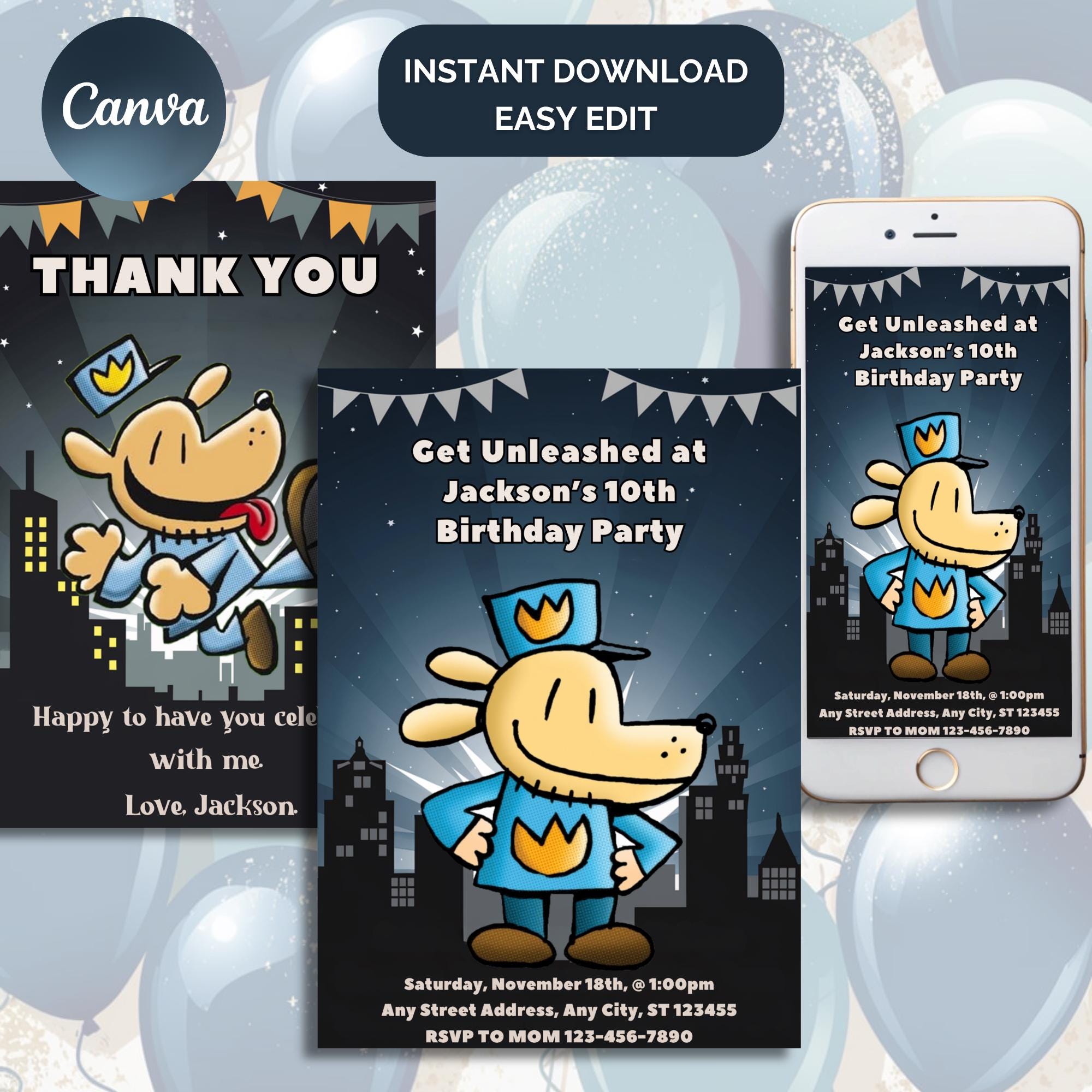 Dog Man Birthday Invitation: Editable Kids Party Invite (digital ...