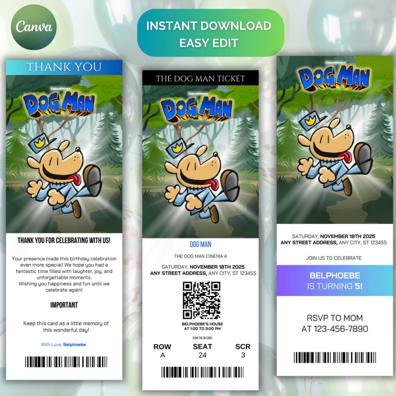 Editable Dog Man Movie Ticket Birthday Invitation Template - Etsy