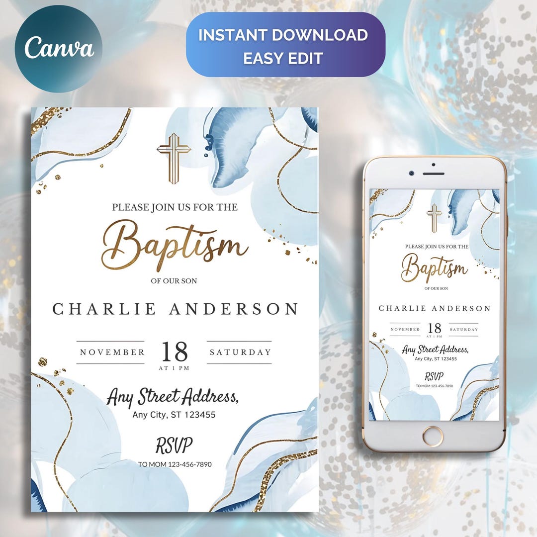 Blue Watercolor Baptism Invitation Template: Gold Accents (digital ...