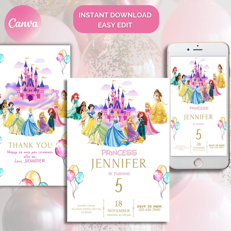 Gold Princess Birthday Invitation: Pink Party Theme (digital Editable ...
