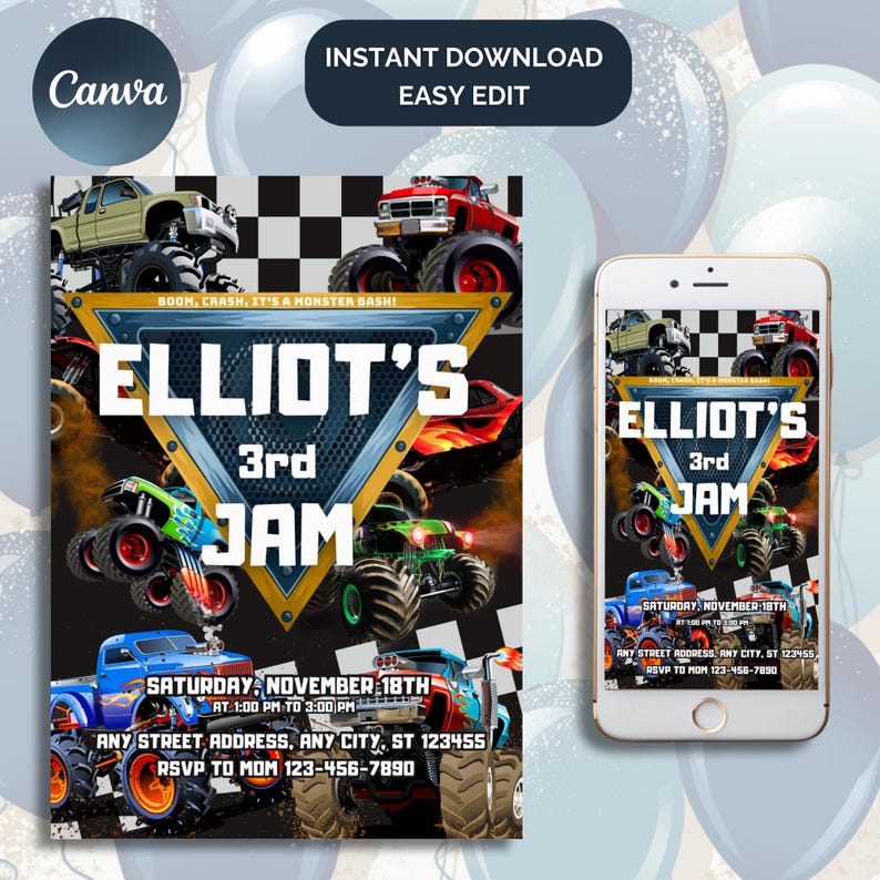 Editable Monster Truck Birthday Invitation for Boys, FREE Thank You ...