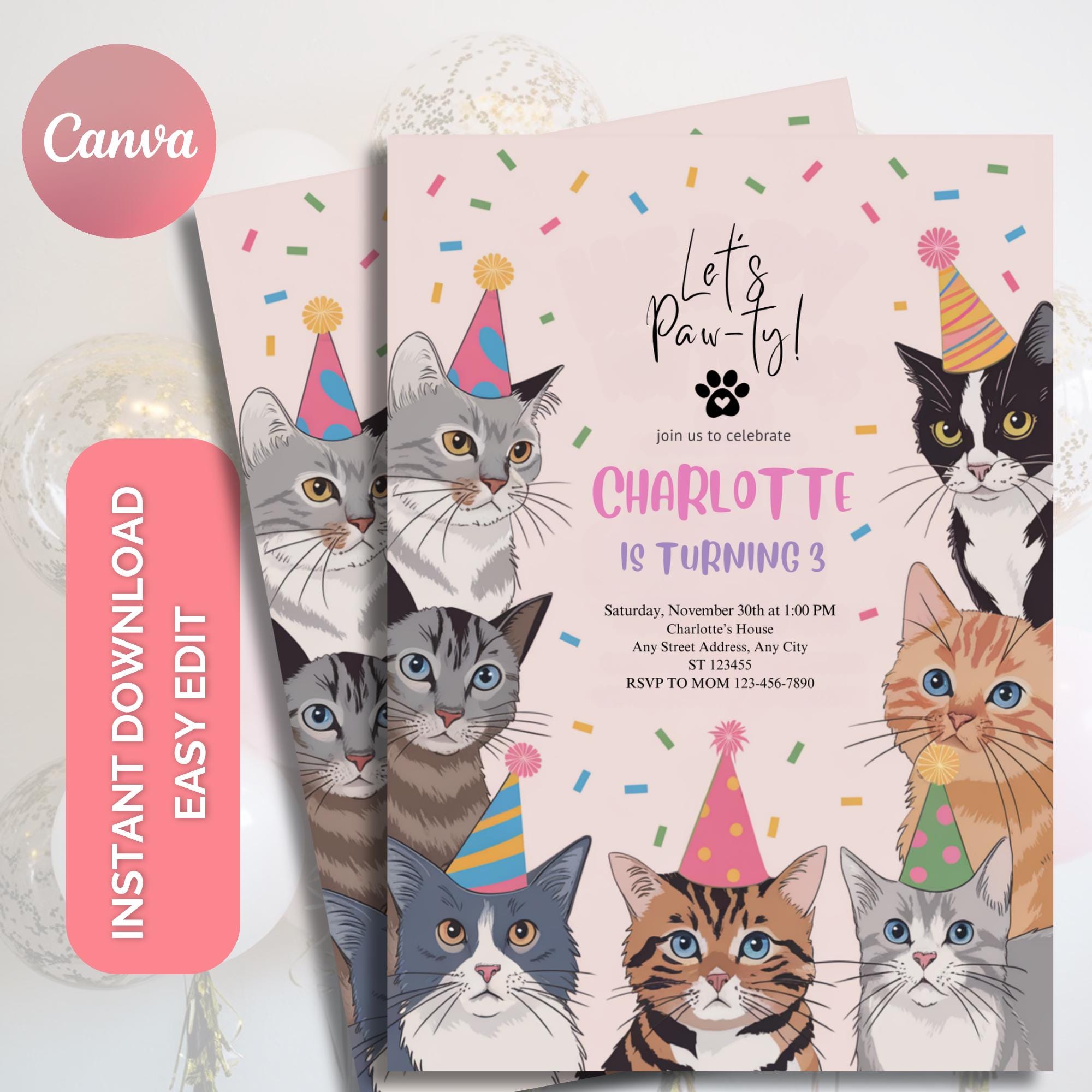 Cat Themed Birthday Invitation, Cat Birthday Invite, Cat Birthday ...