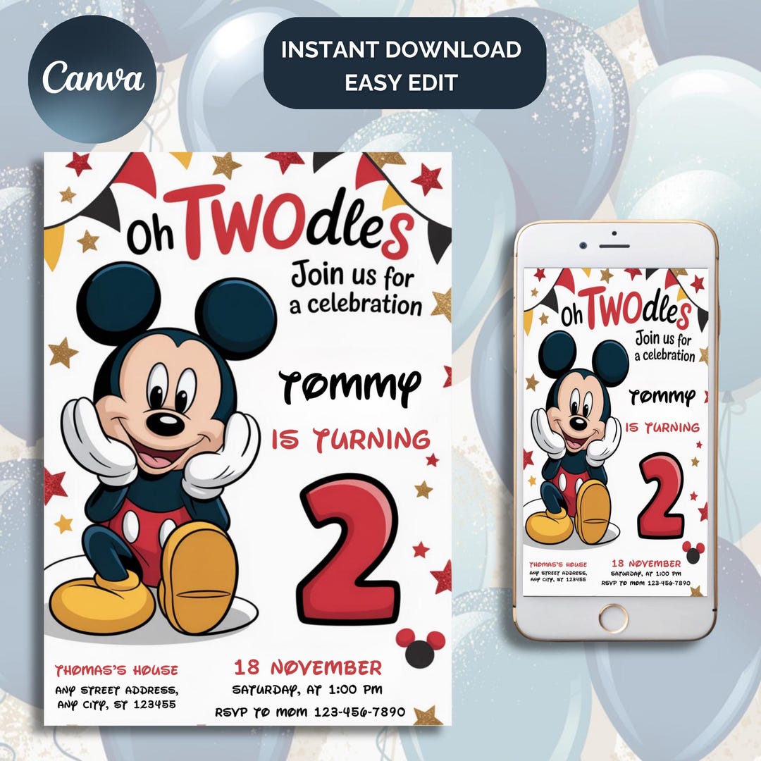 Mickey Mouse Twodles Invitation: 2nd Birthday, Editable Template ...