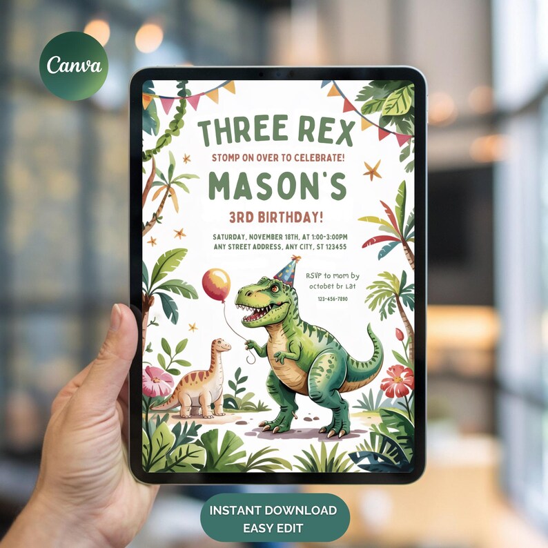 Three-rex Birthday Invitation: Dinosaur Party, Editable Canva Template ...