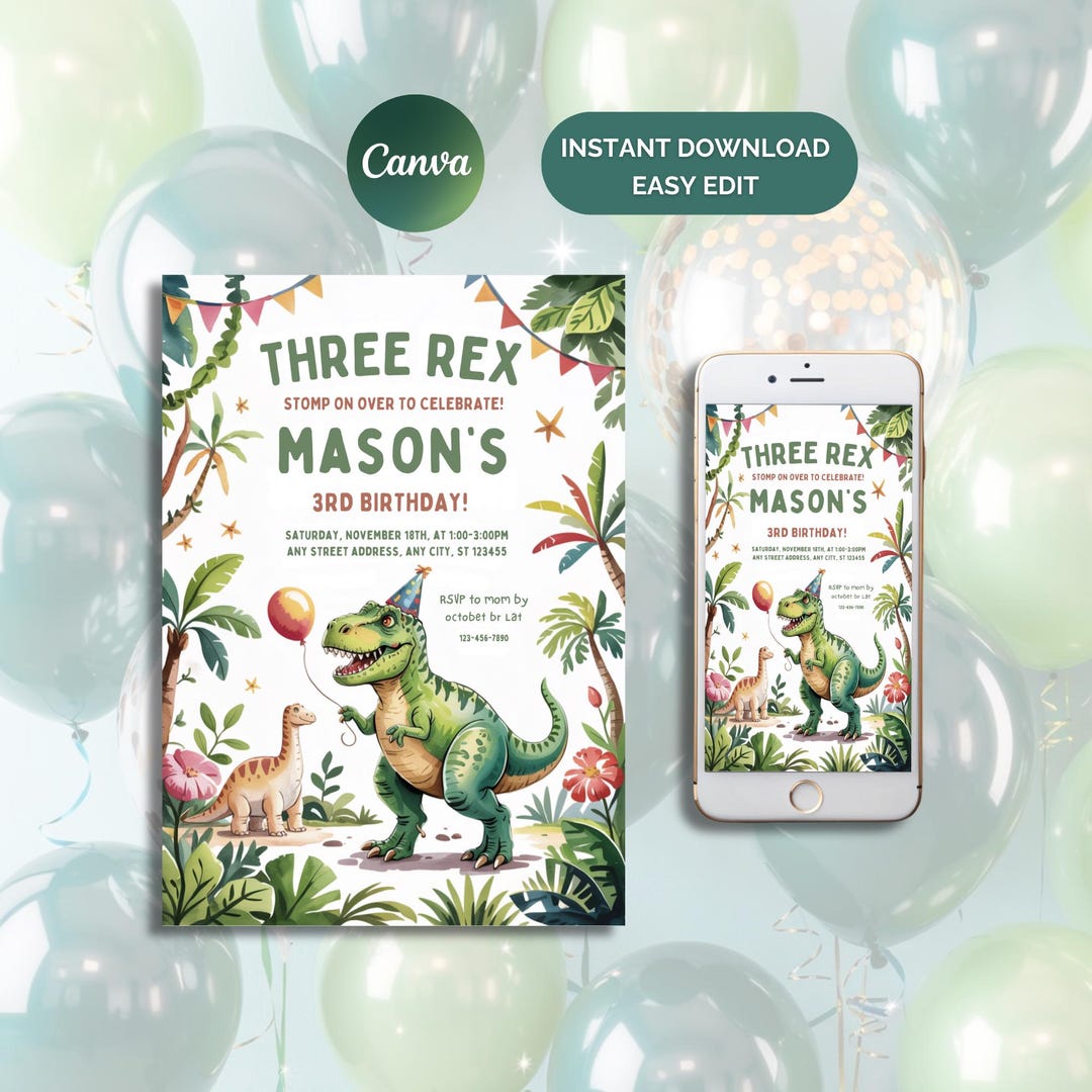 Three-rex Birthday Invitation: Dinosaur Party, Editable Canva Template ...