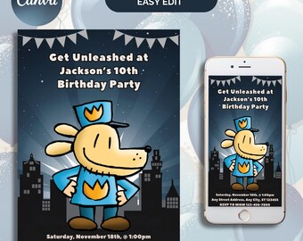 Editable Dog Man Birthday Invitation, Dog Man Invitation, Editable Kids ...