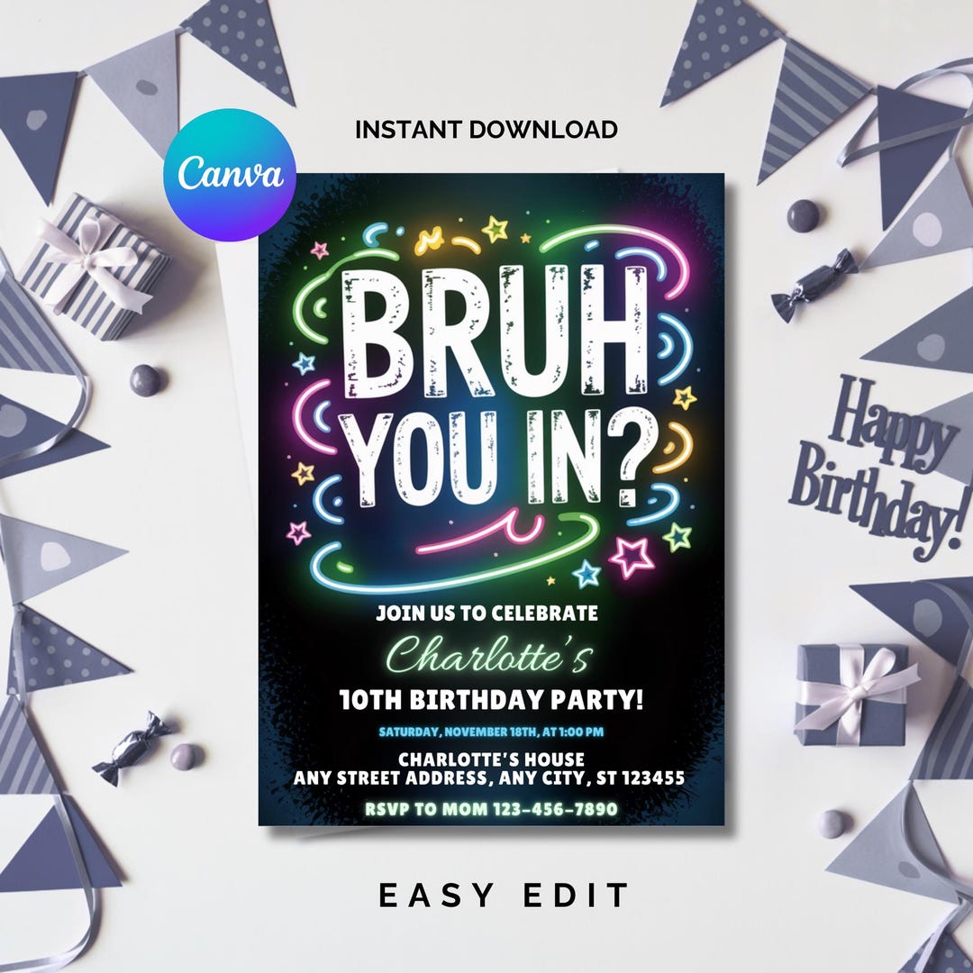 Neon Graffiti Bruh Birthday Invitation: Gamer Party Evite (digital ...
