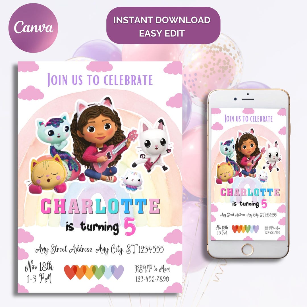 Editable Gabby's Dollhouse Birthday Invitation Template (digital ...
