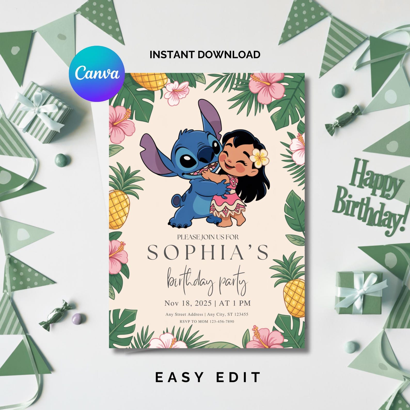 Stitch & Lilo Birthday Invitation: Editable Canva Template (digital ...
