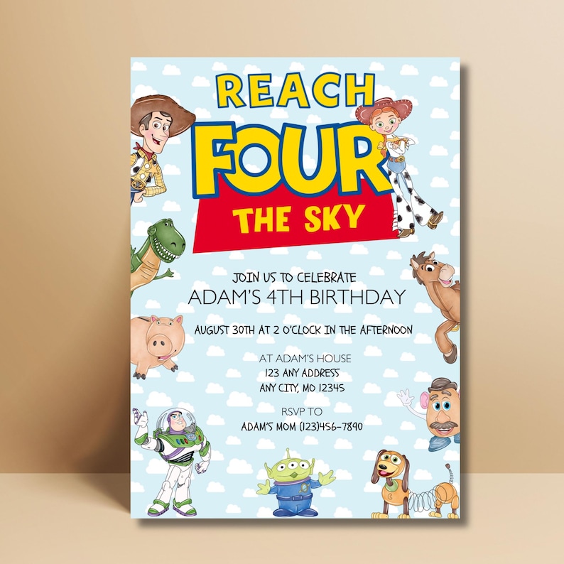 Toy Story 4th Birthday Invitation: Reach Four the Sky (digital Invite ...