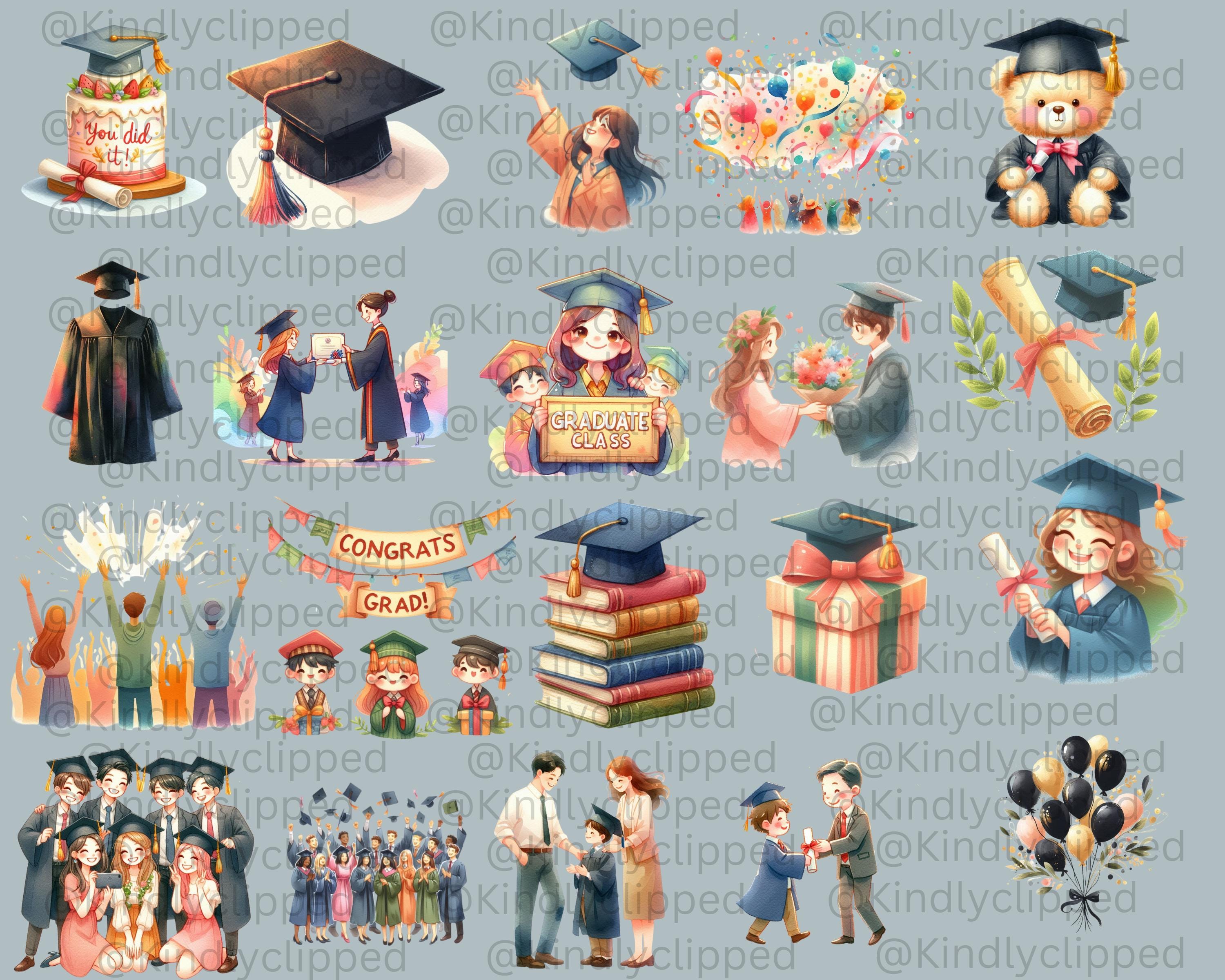 Watercolor Graduation Clip Art: Cap, Gown, Diploma (digital Download ...