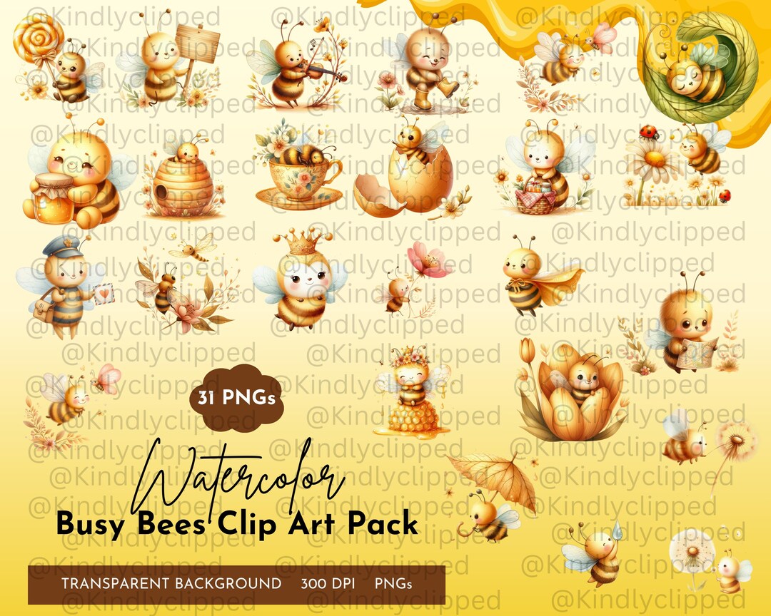 Busy Bees Clip Art – Cute Honey Bees, Beehives, Flowers & Honey Jars ...