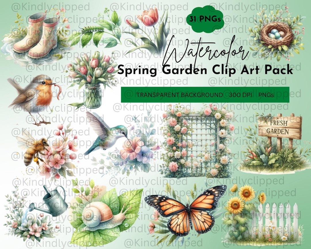 Spring Garden Clip Art – Watercolor Flowers, Plants & Gardening Tools ...