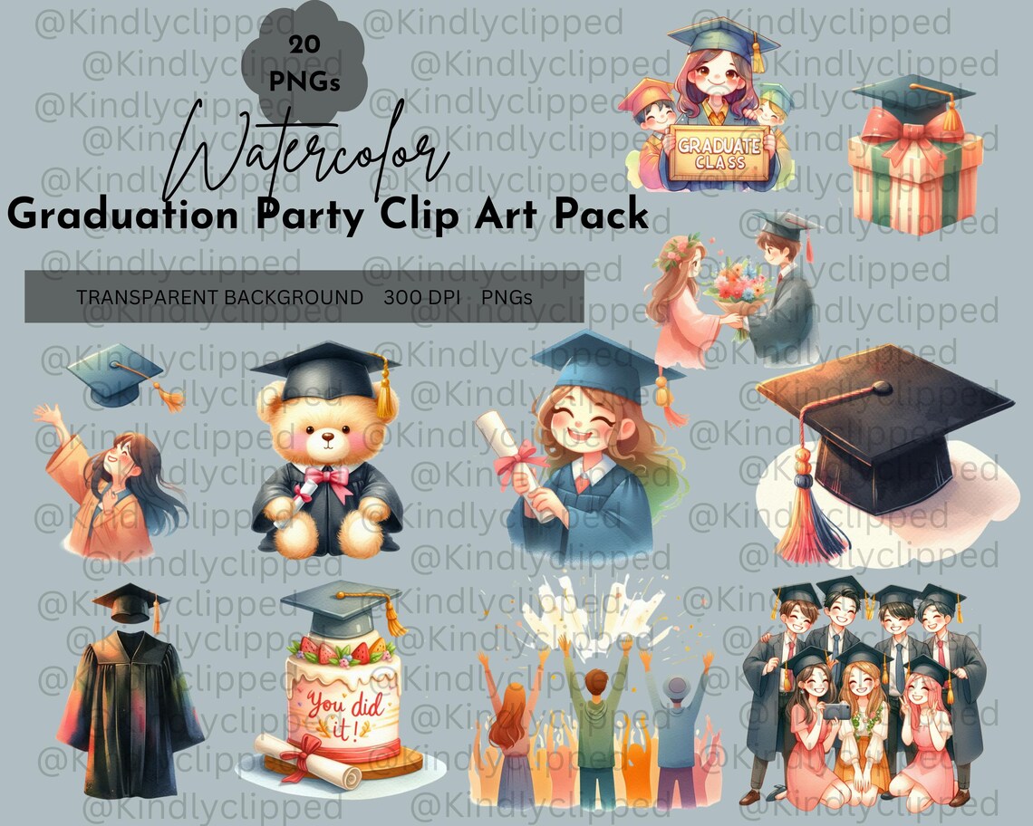 Watercolor Graduation Clip Art: Cap, Gown, Diploma (digital Download ...