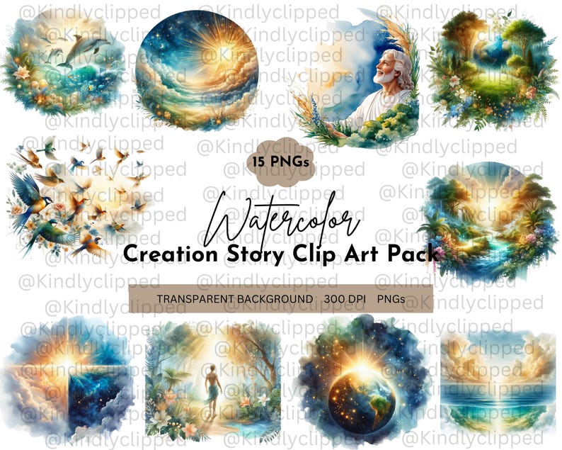 Watercolor Creation Story Clip Art Pack Seven Days of Creation Bible ...