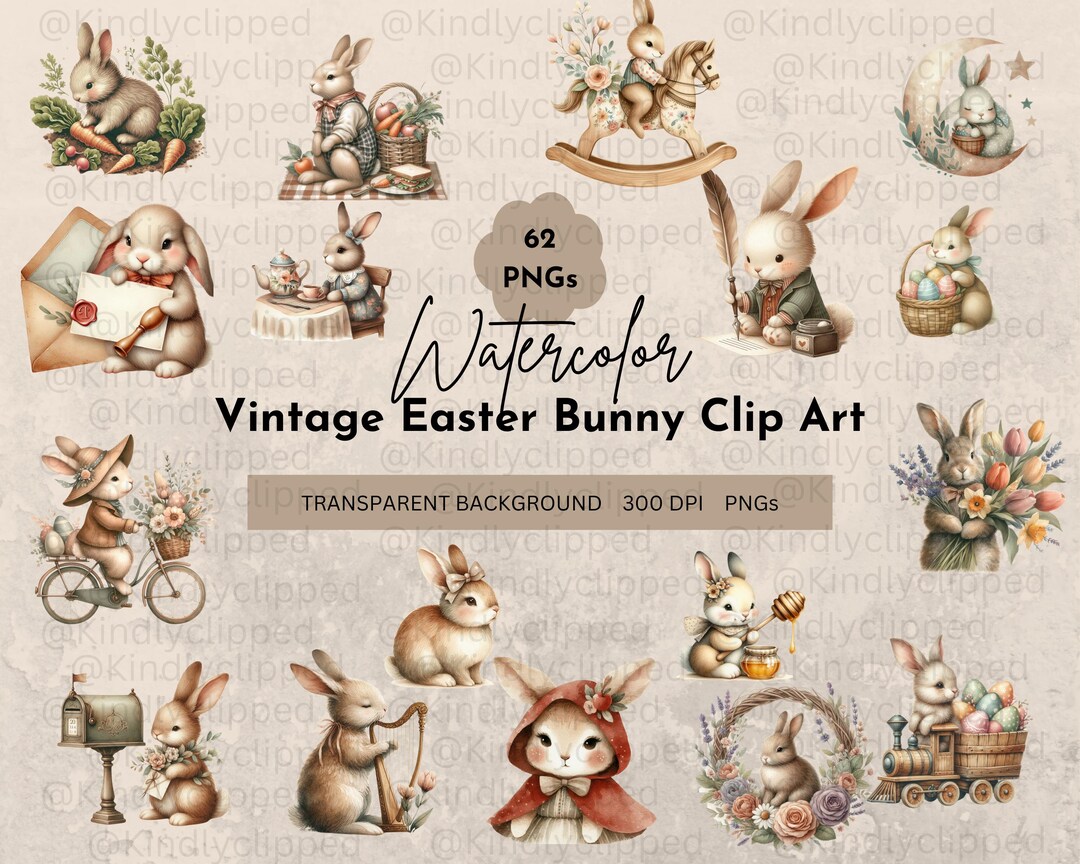 Vintage Easter Bunny Watercolor Clipart: Retro PNG Graphics (digital ...