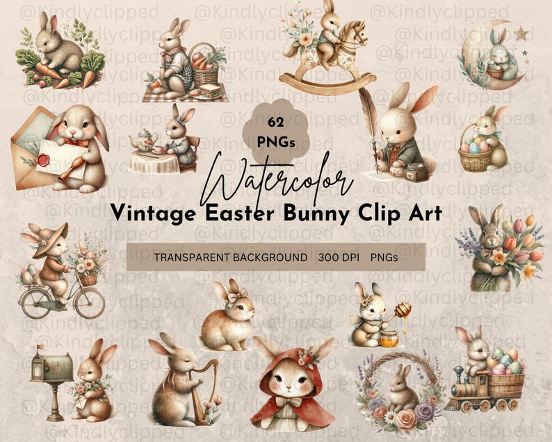 Vintage Easter Bunny Watercolor Clipart: Retro PNG Graphics (digital ...