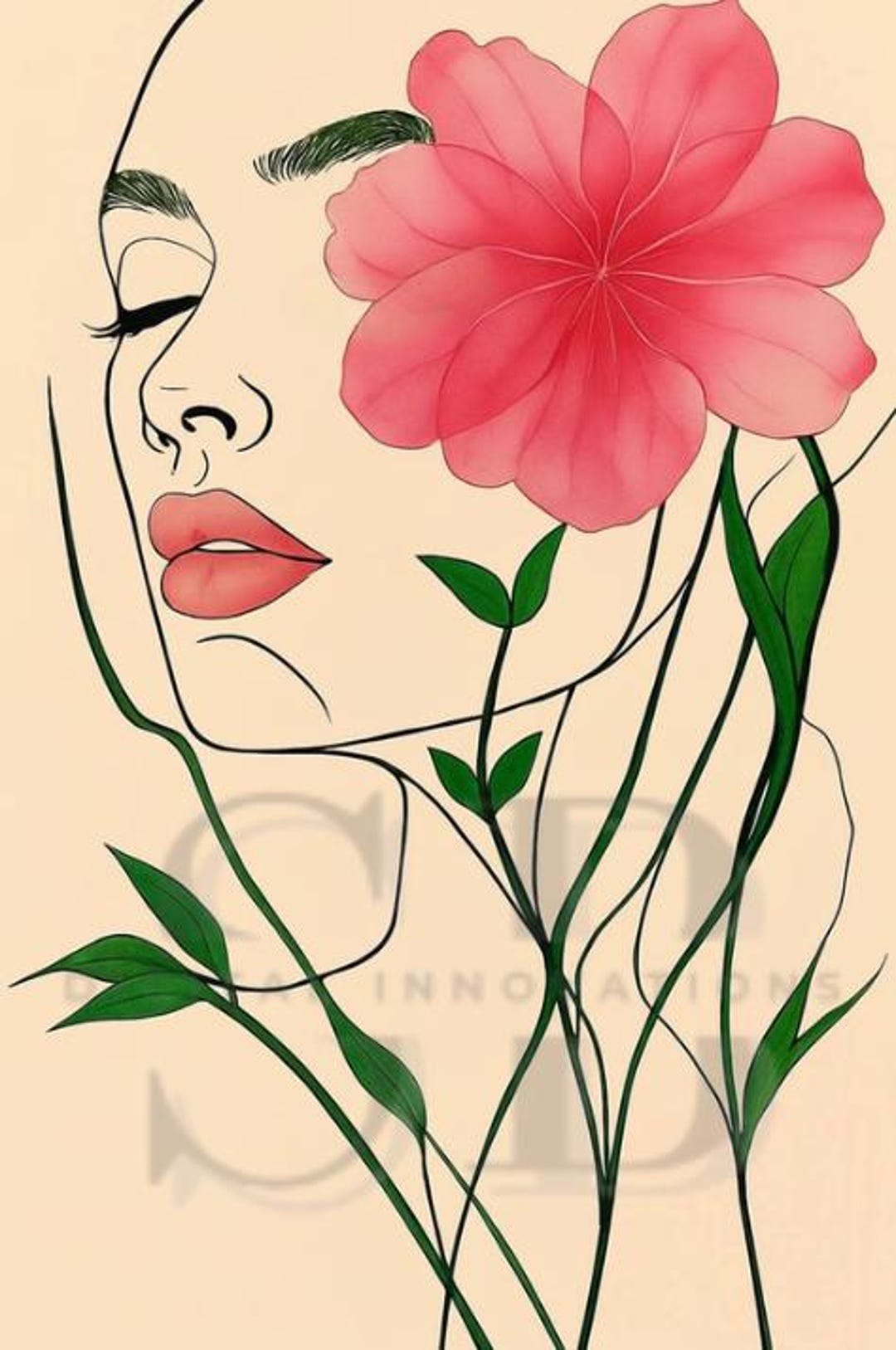 Minimalist Lady With Pink Flower - Digital PDF Download - Etsy