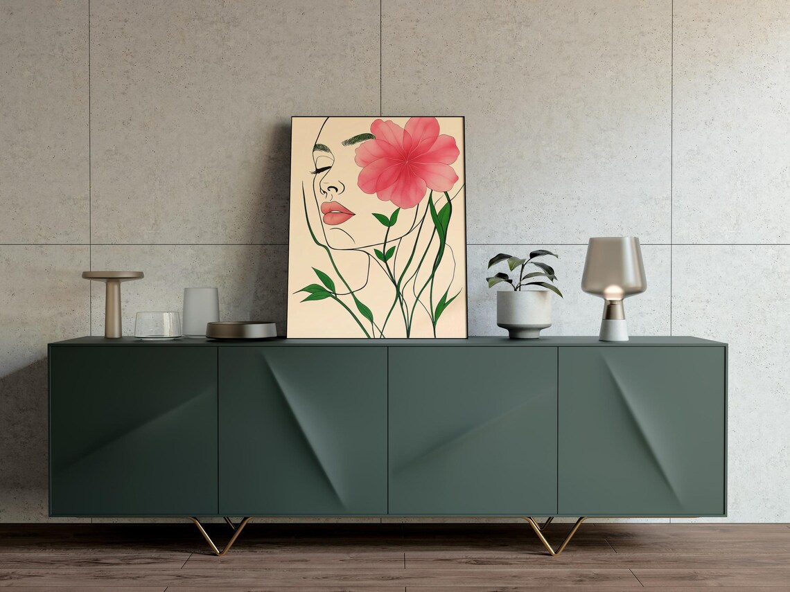Minimalist Lady With Pink Flower - Digital PDF Download - Etsy