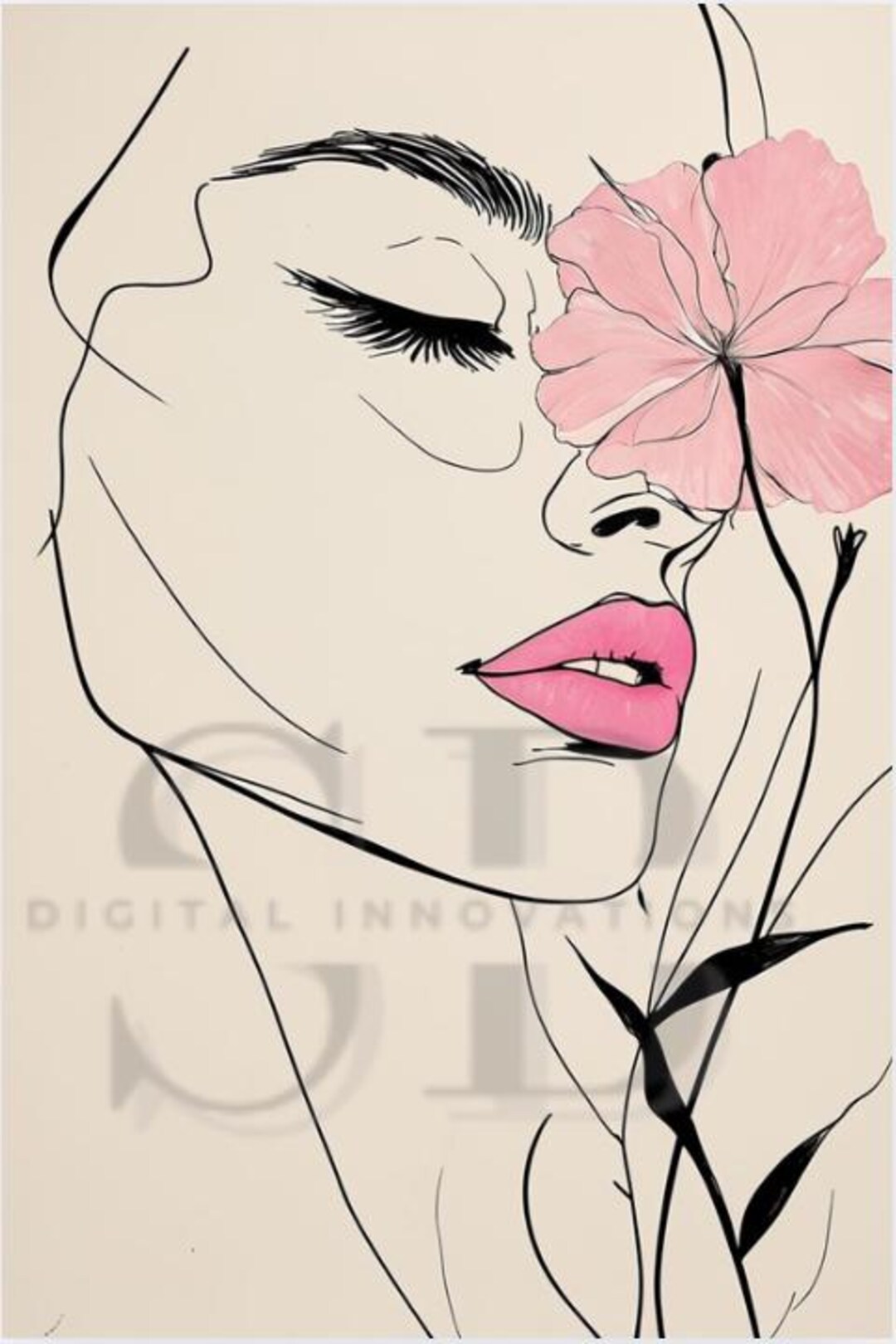Minimalist Lady With Pink Flower - Digital PDF Download - Etsy