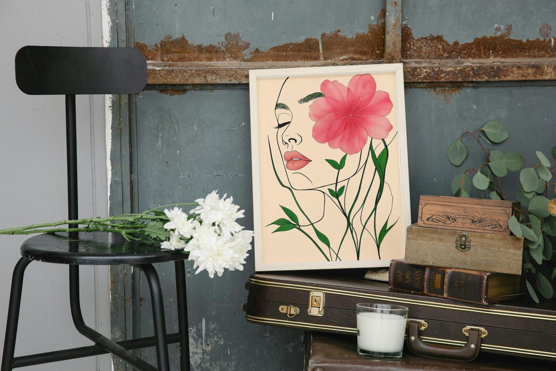 Minimalist Lady With Pink Flower - Digital PDF Download - Etsy