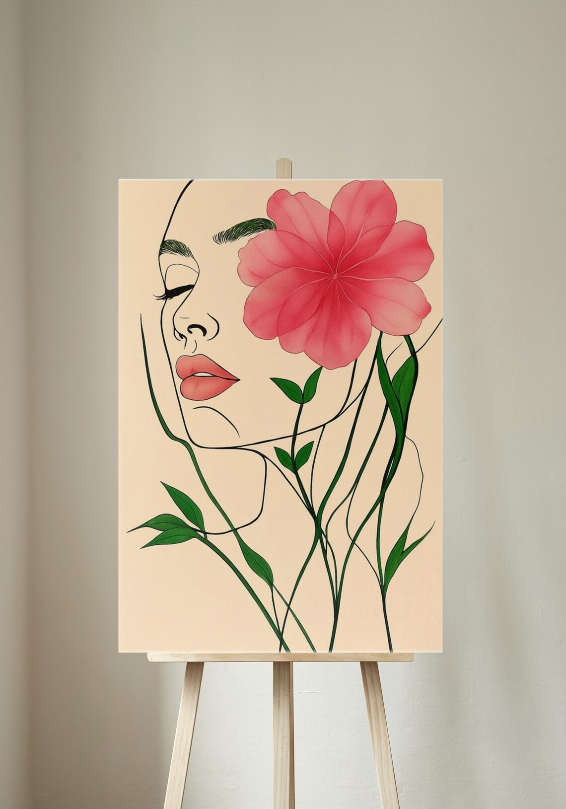 Minimalist Lady With Pink Flower - Digital PDF Download - Etsy