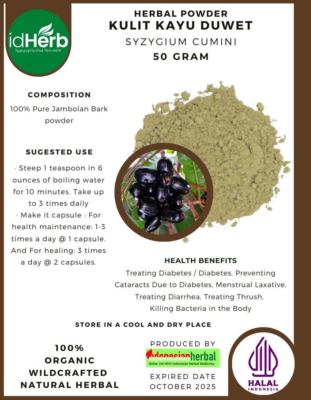 50 G - 500 G Organic Pure Powder of Jambolan Bark Syzygium Cumini Kulit ...